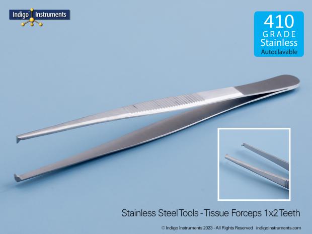 Tissue forceps, 1x2 teeth, stainless straight, 5.5