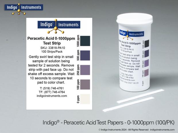 Peracetic Acid Test strips, 0-1000ppm, 100/vial, Indigo