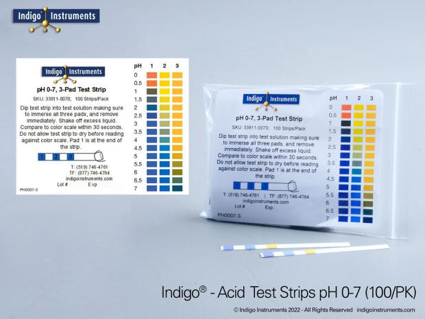 pH 0-7 Test Strips, Acid Triple Pad, 100/pack, Indigo