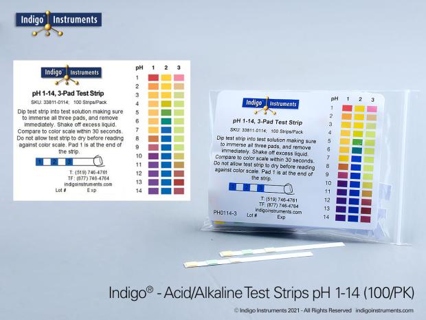 pH 1-14 Acid/Base Triple Pad Test Strips, 100/pack, Indigo