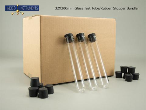 Glass Test Tube 32x200mm, Rounded/Rim+ Rubber Bungs, 50 each