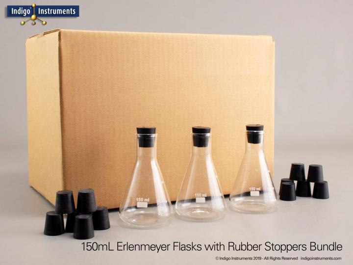 Glass Erlenmeyer Flasks 150ml+Rubber Stoppers, 6 Each