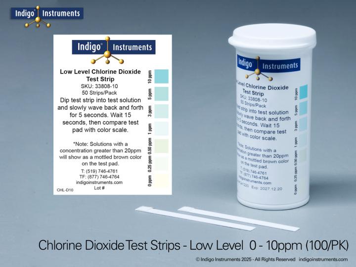 Indigo Chlorine Dioxide Test Strips, 0-10ppm, 100 strips/vial.