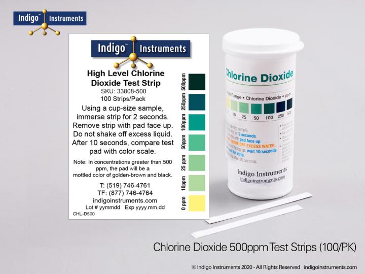 Indigo Chlorine Dioxide Test Strips, 0-500ppm, 100 strips/vial.