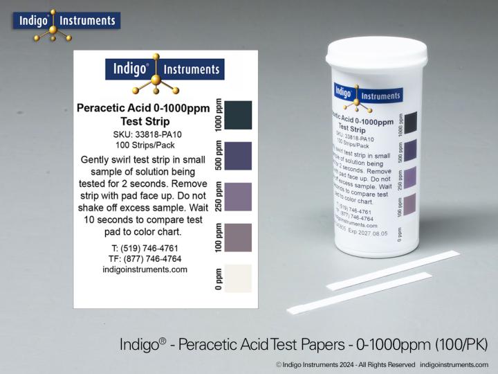 Peracetic Acid Test strips, 0-1000ppm, 100/vial, Indigo