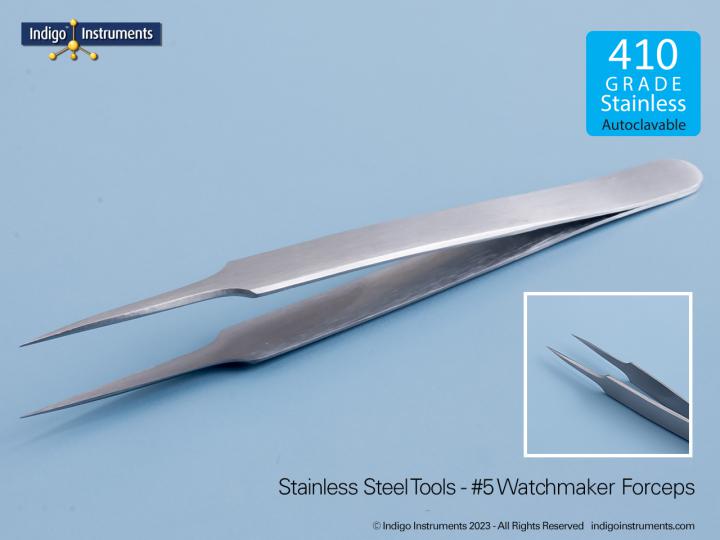 Forceps, watchmaker, straight, #5, 125mm (5"), stainless