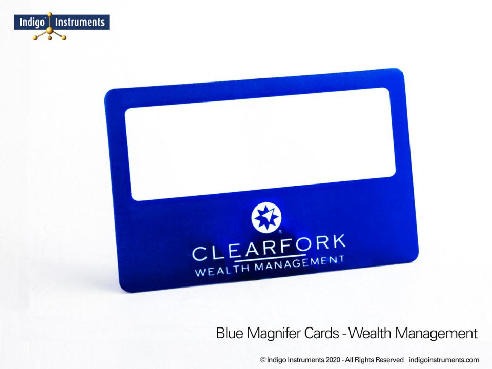 Card magnifier, blue, 3.5X, 80x55mm-3.4x2.1"