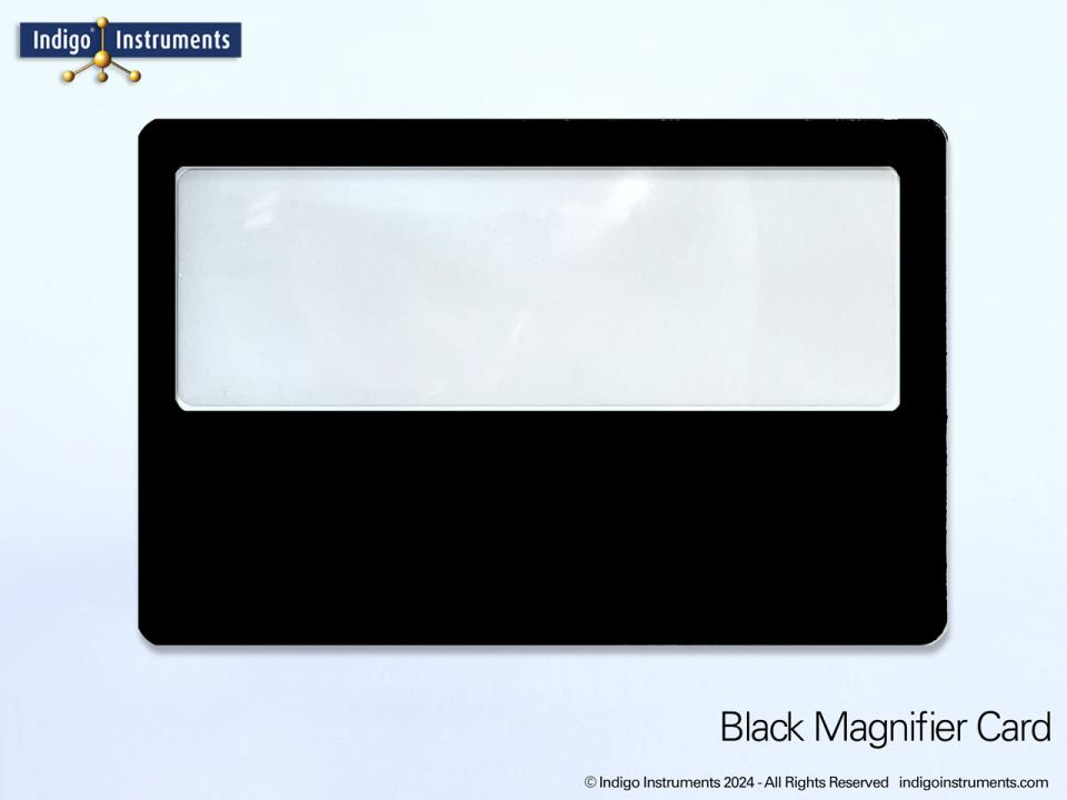 Card magnifier, black, 3.5X, 80x55mm-3.4x2.1", Indigo