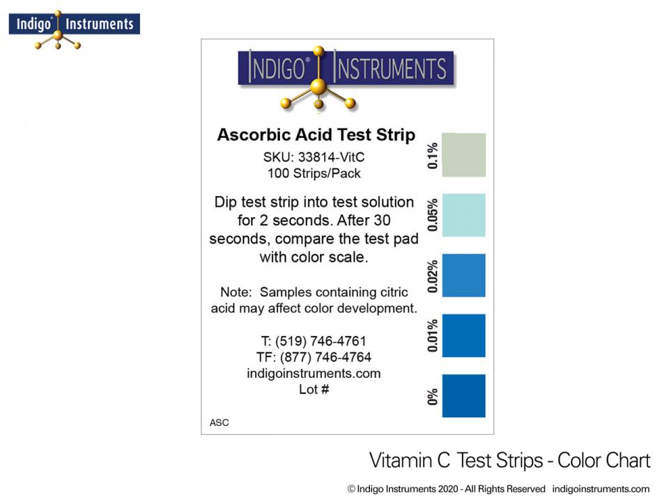 Vitamin C Test Strips, 100/vial, 0-0.1%