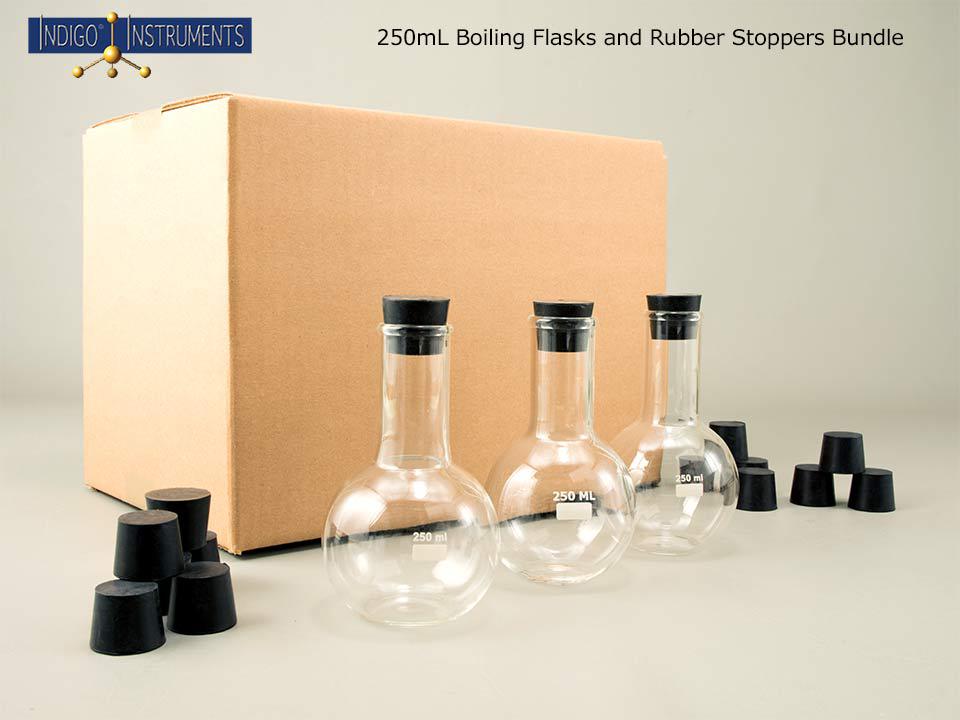 250ml flat bottom boiling flask, 6 w/rubber stoppers